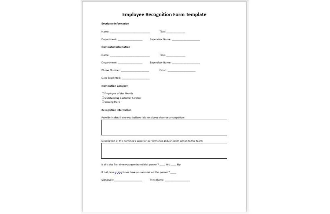 Editable Employee Recognition Form Template, Recognition Template, Recognition Form, Employee ...