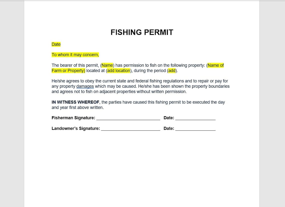 Fishing Permit Agreement, Fishing Permit Agreement Template, Fishing ...