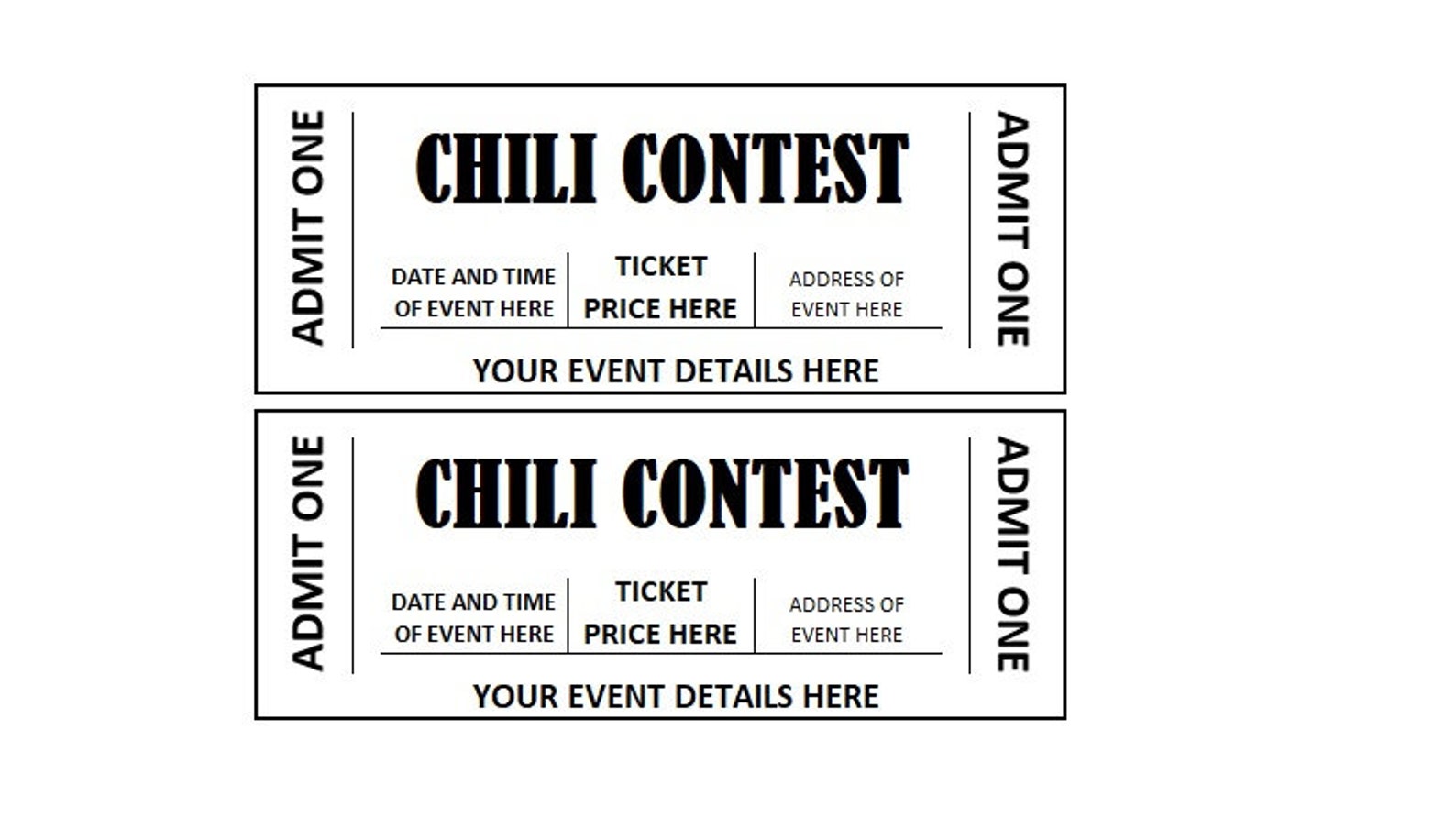 Editable Chili Contest Event Ticket, Chili Contest Ticket Printables ...