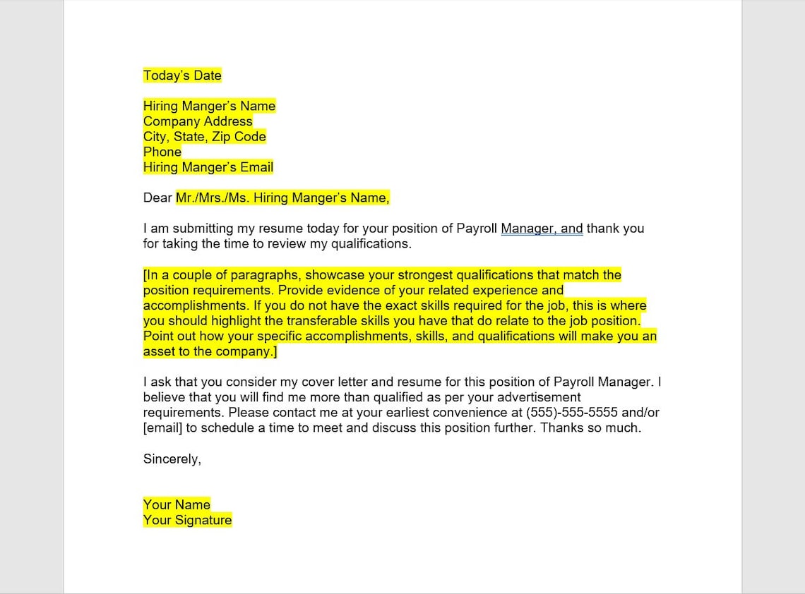 Payroll Manager Cover Letter, Cover Letter Template, Editable Cover ...