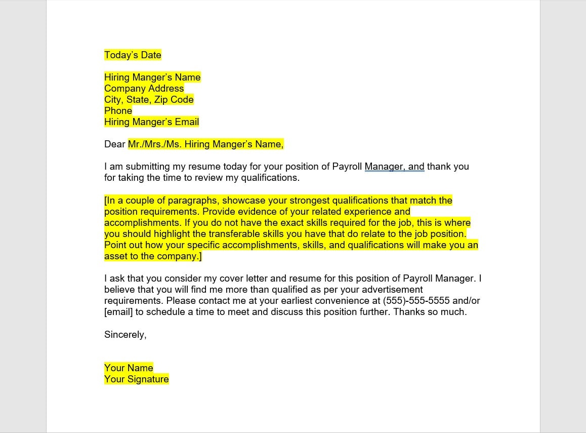 Payroll Manager Cover Letter, Cover Letter Template, Editable Cover ...