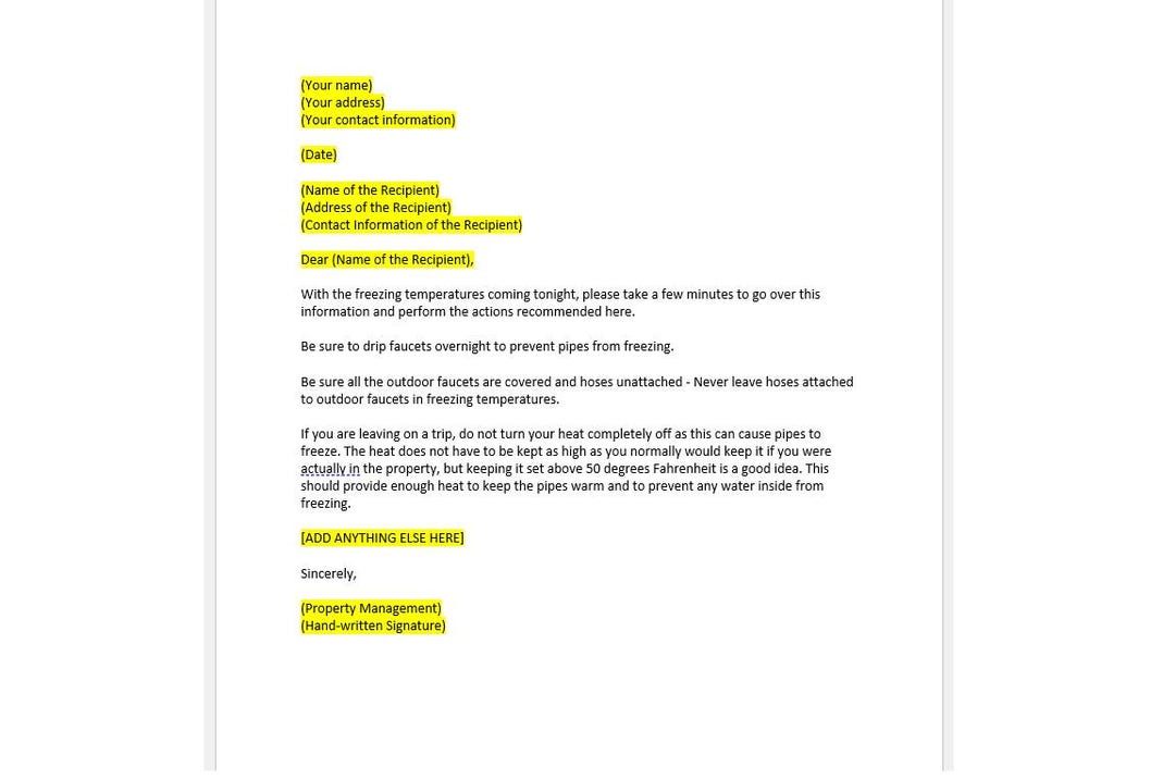 Freezing Temperature Letter to Tenant Template, Freezing Temperature ...
