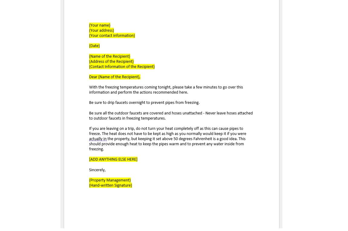 Freezing Temperature Letter to Tenant Template, Freezing Temperature ...