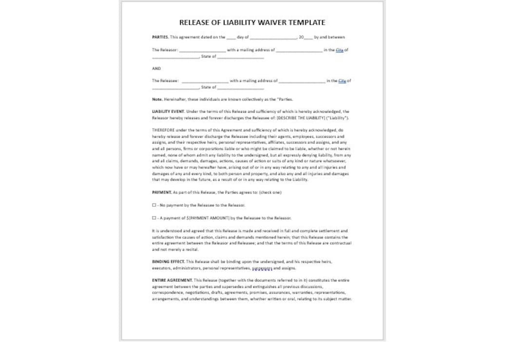 Editable Release of Liability, Release of Liability Template, Liability ...