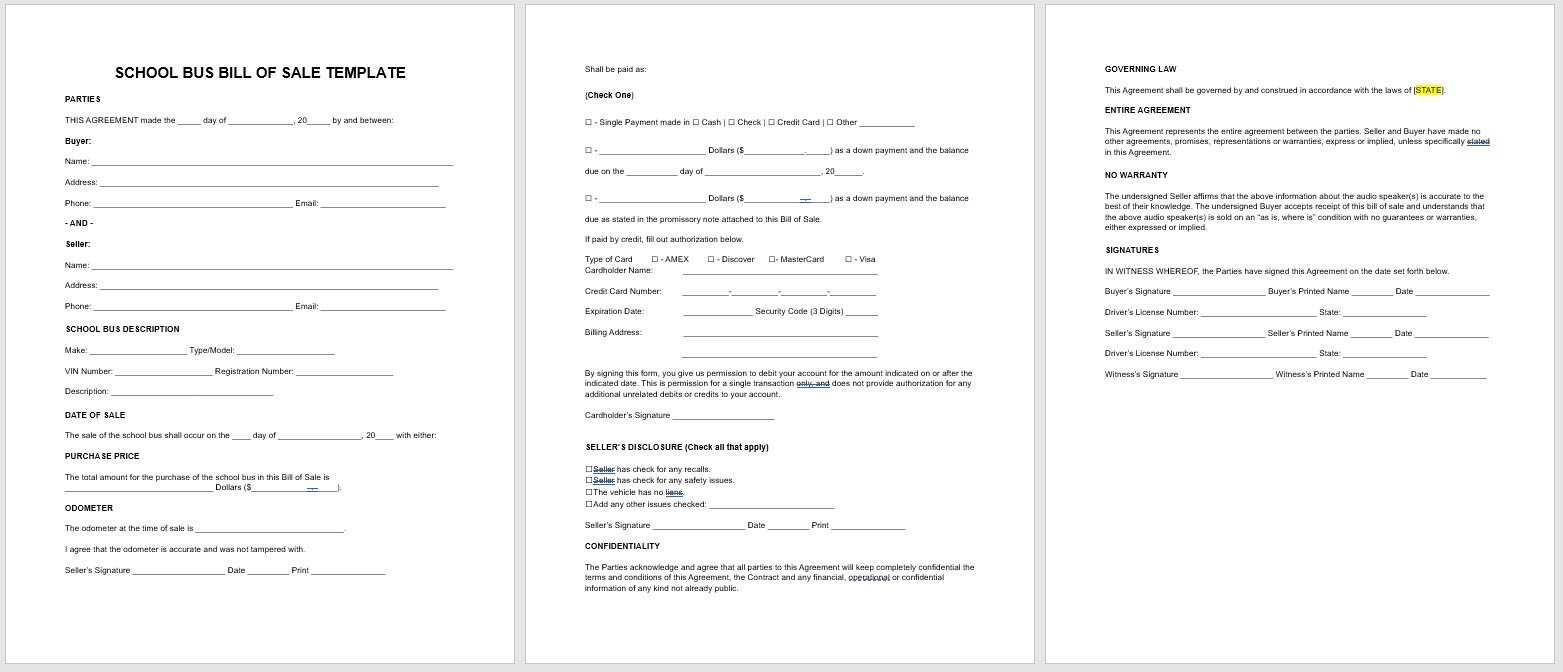 Editable School Bus Bill of Sale Template, Editable Bill of Sale, Bill ...