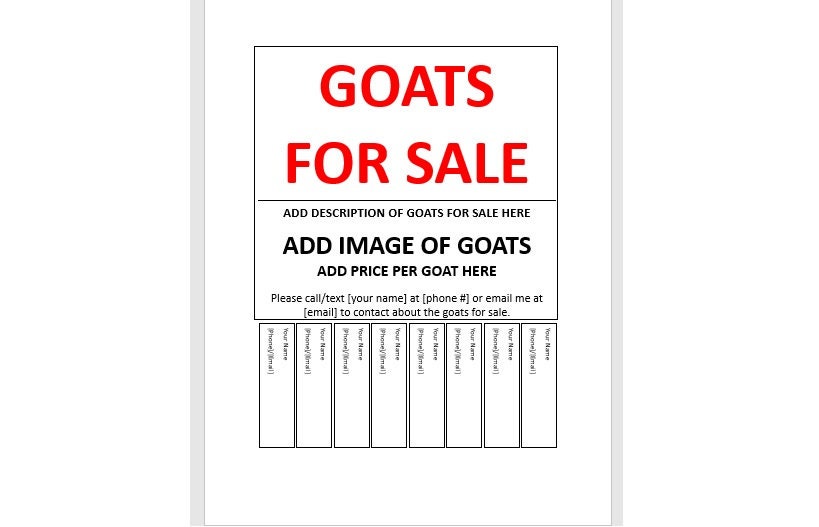 Editable Goats for Sale Tear-off Flyer, Tear-off Flyer Template, for ...