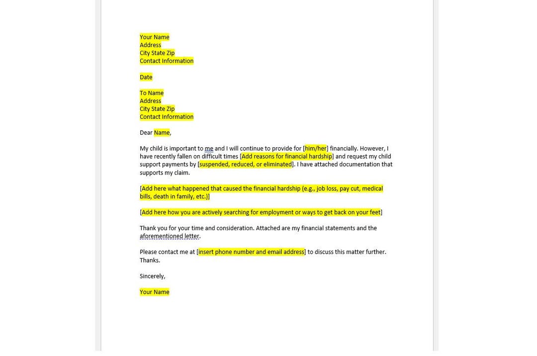 Child Support Hardship Request Letter Template, Child Support Hardship ...
