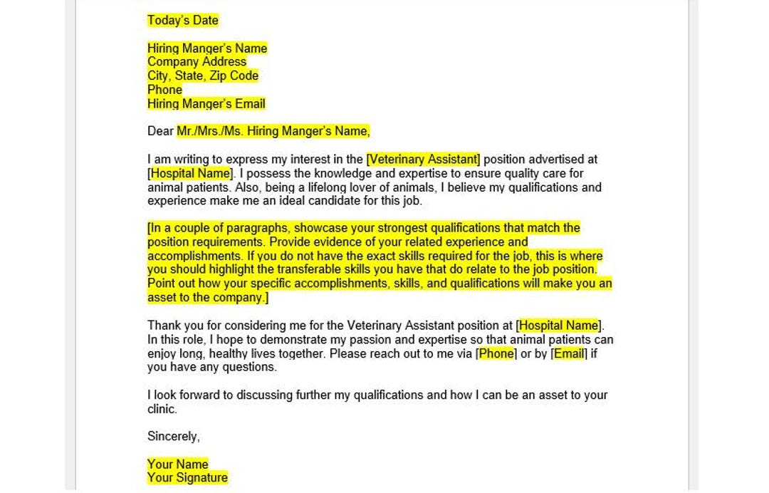 Veterinary Assistant Cover Letter, Cover Letter Template, Editable ...