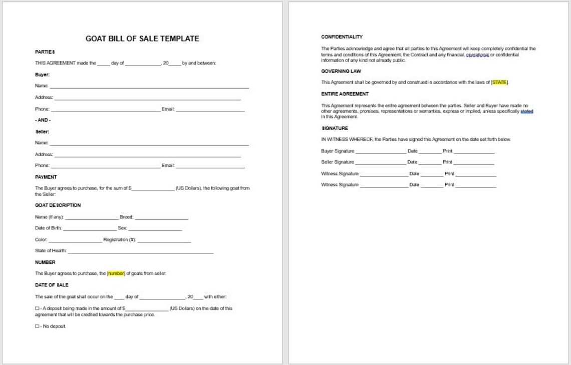 Editable Goats Bill of Sale Template, Editable Bill of Sale, Bill of ...
