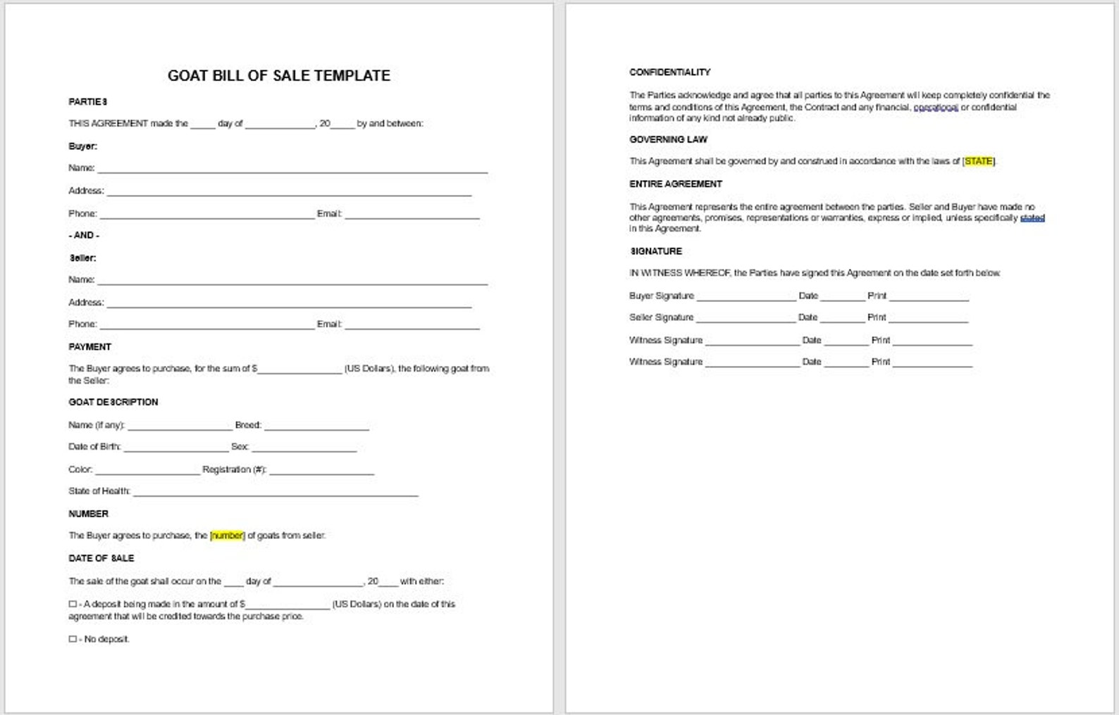 Editable Goats Bill of Sale Template, Editable Bill of Sale, Bill of ...