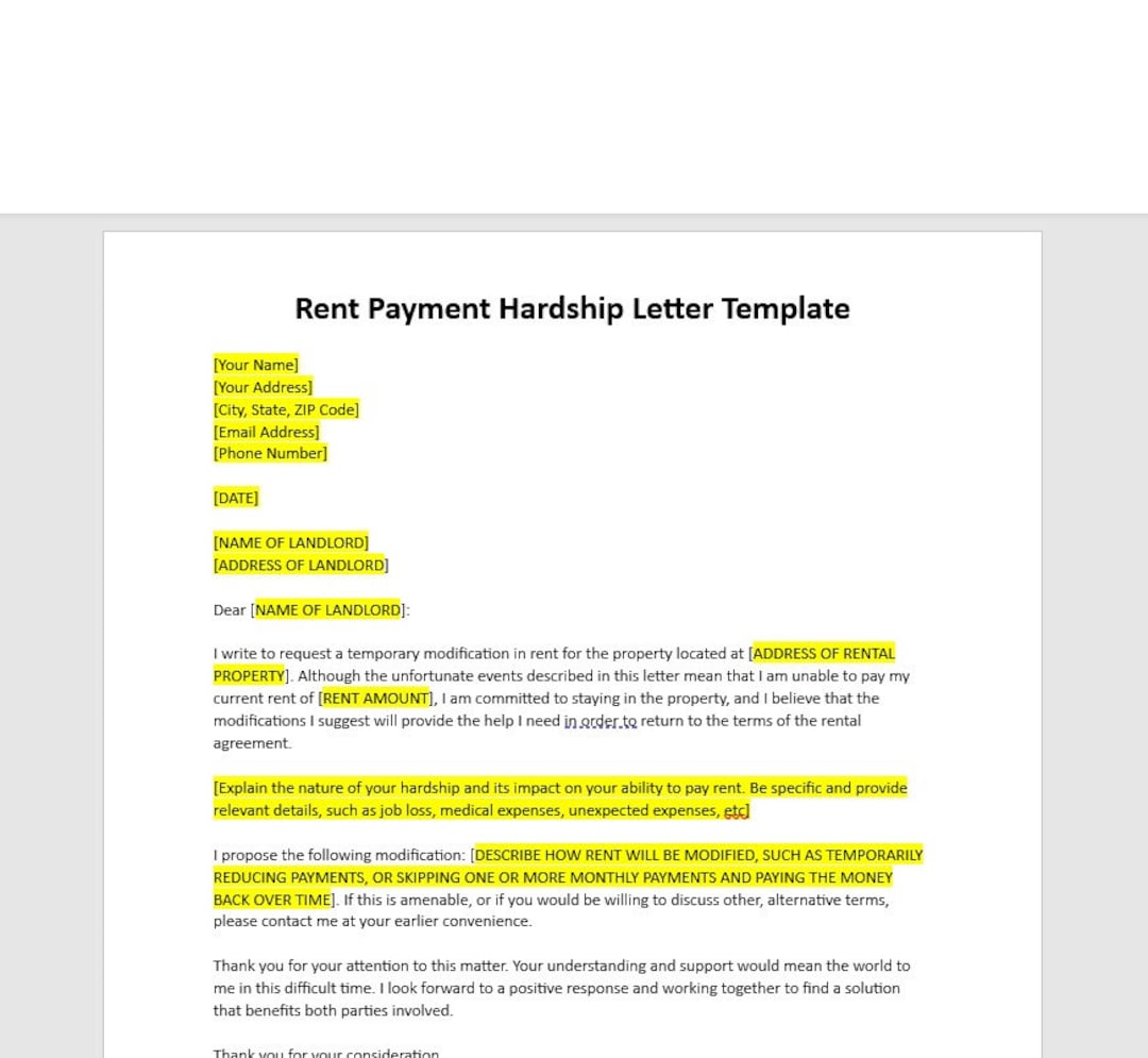 Editable Rent Payment Hardship Letter Template, Rent Payment Hardship ...
