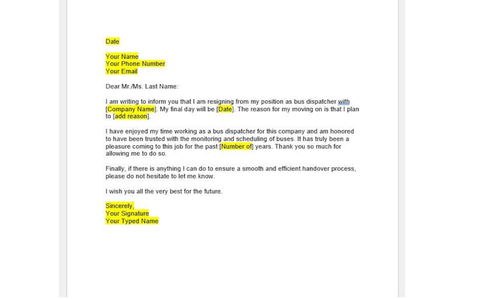 Bus Dispatcher Resignation Letter Template, Resignation Letter ...