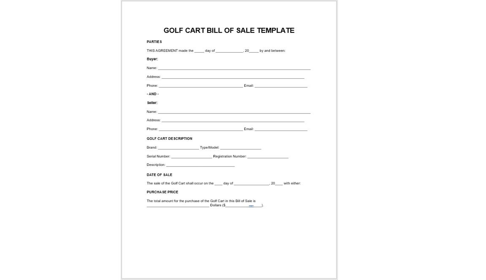Editable Golf Cart Bill of Sale Template, Editable Bill of Sale, Bill ...