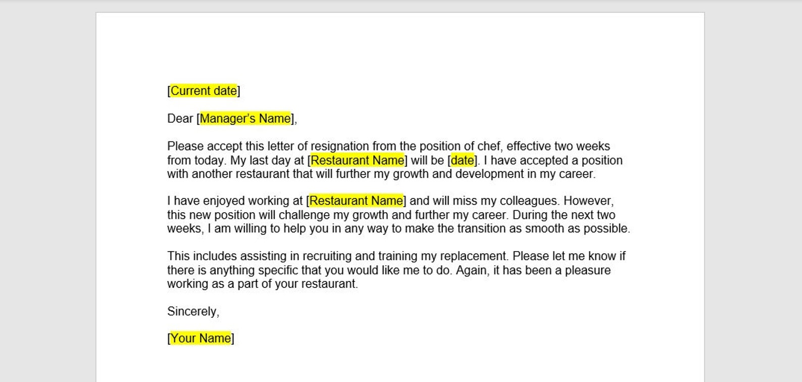 Chef Resignation Letter Template, Resignation Letter, Resignation ...