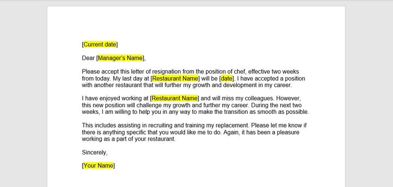 Chef Resignation Letter Template, Resignation Letter, Resignation ...