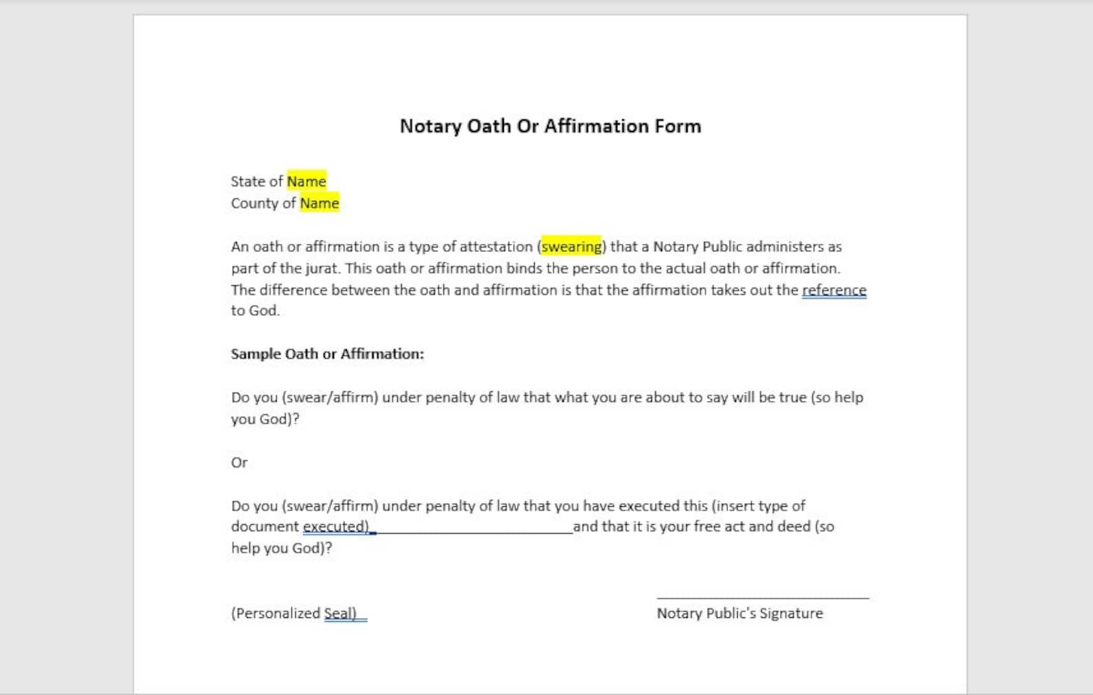 Notary Oath or Affirmation Form, Notary Oath or Affirmation Form ...