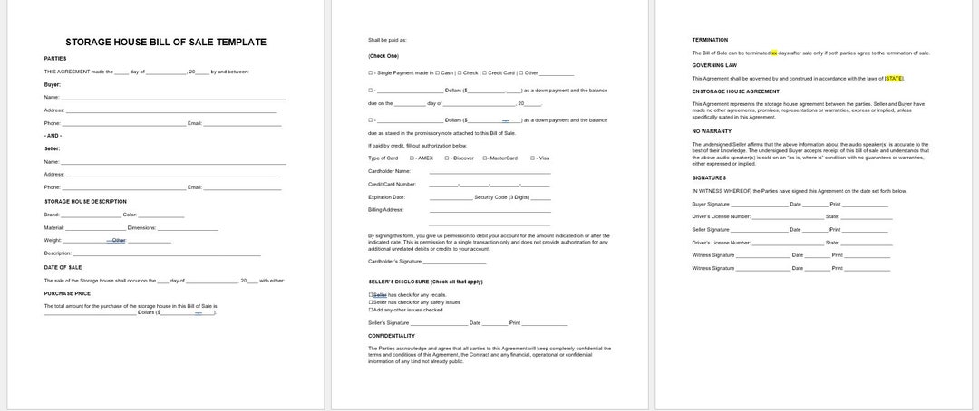 Editable Storage House Bill of Sale Template, Editable Bill of Sale ...