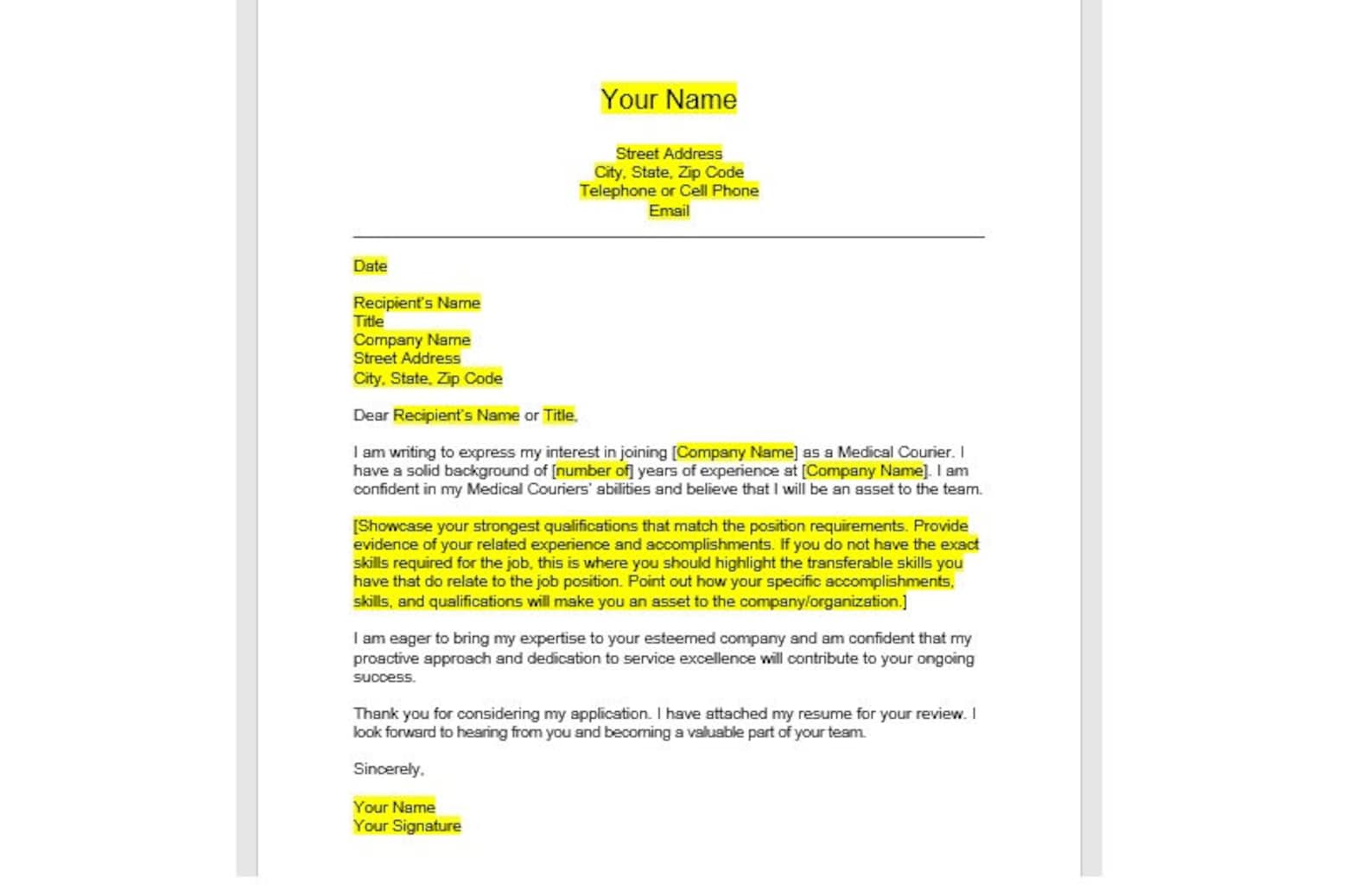 Editable Medical Courier Cover Letter, Cover Letter Template, Editable ...