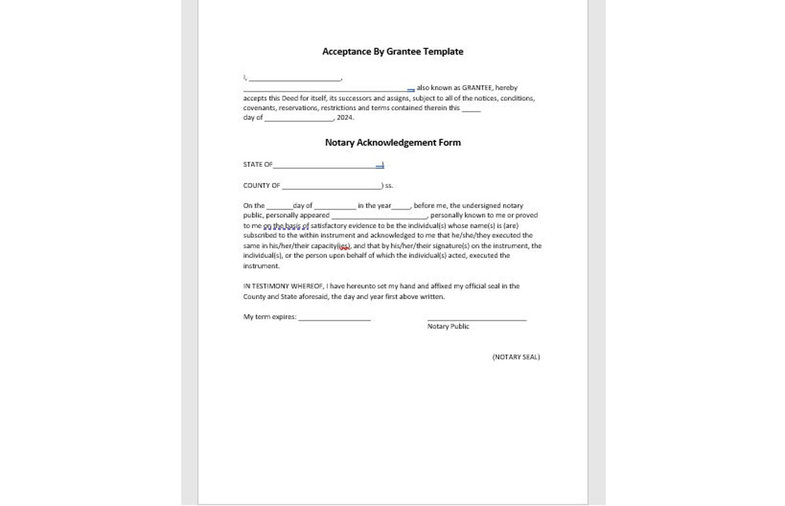 Editable Acceptance by Grantee Template, Acceptance by Grantee Template ...