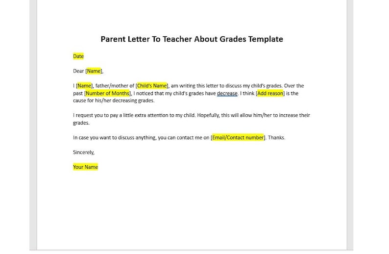 Parent Letter to Teacher About Grades Template, Letter to Teacher ...