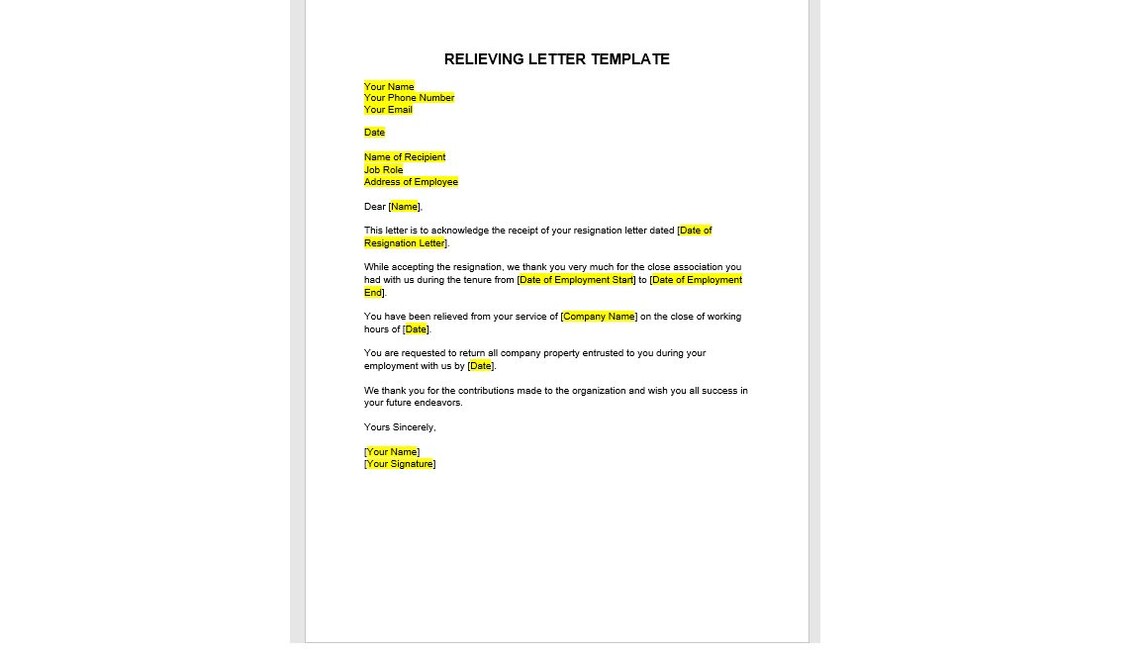 Relieving Letter Template, Relieving Letter, Relieving Template ...