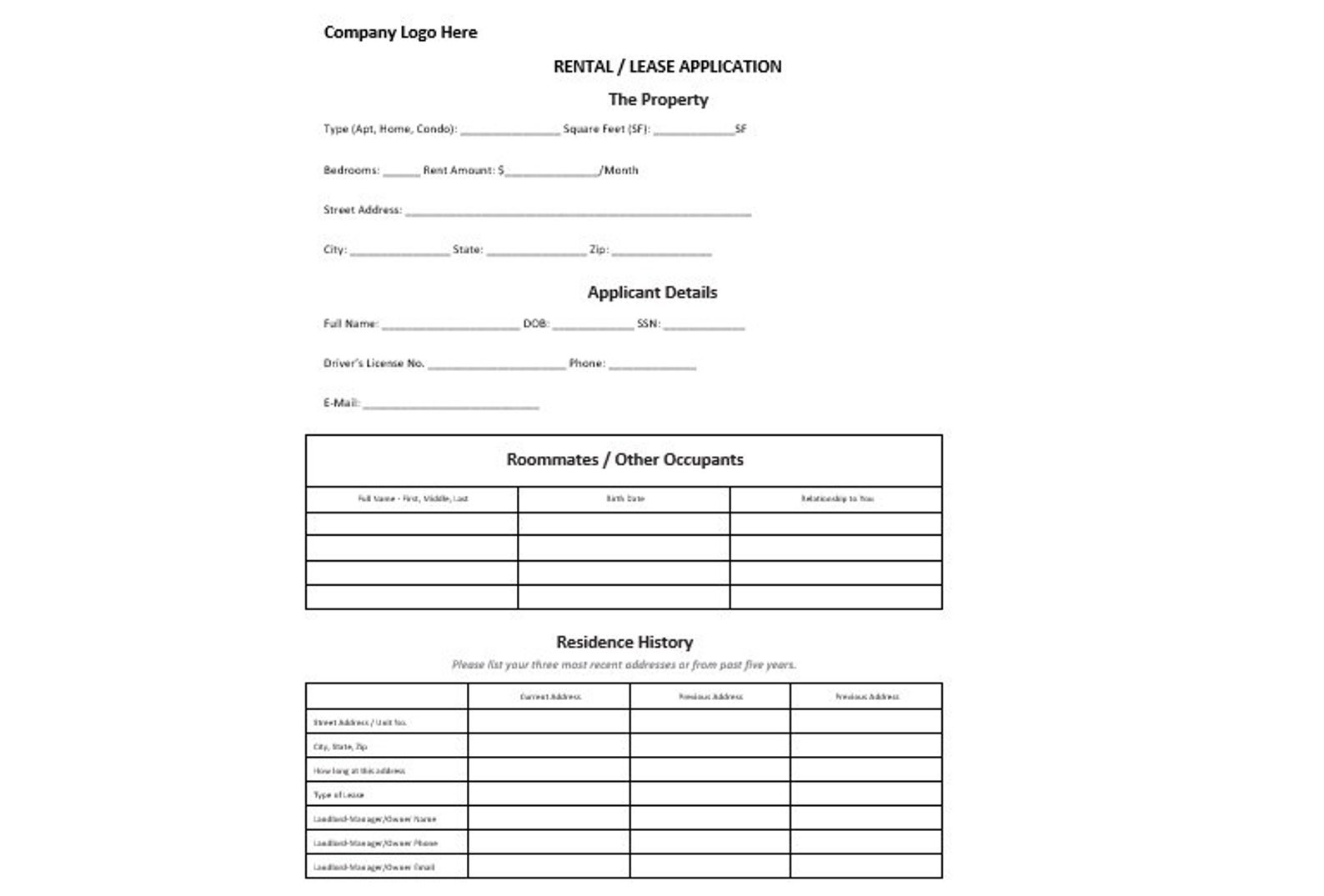 Rental Application Template, Rental Application, Rental Template, Word ...