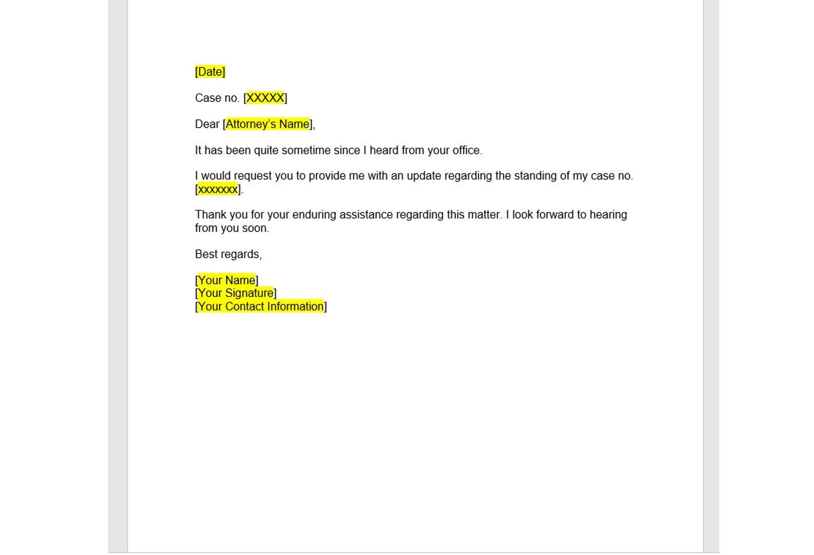 Letter to Attorney Requesting Case Update, Letter to Attorney ...