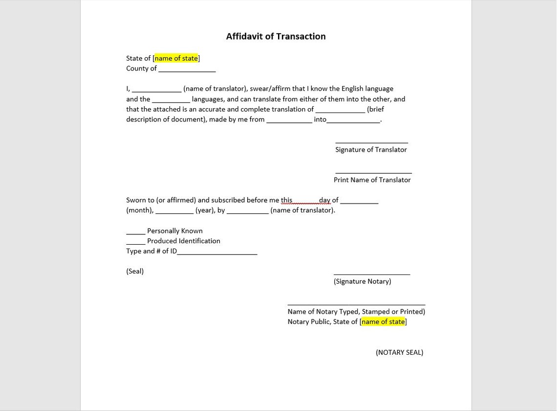 Affidavit of Transaction Notary Acknowledgement Form, Notary Acknowledgement Form Template ...