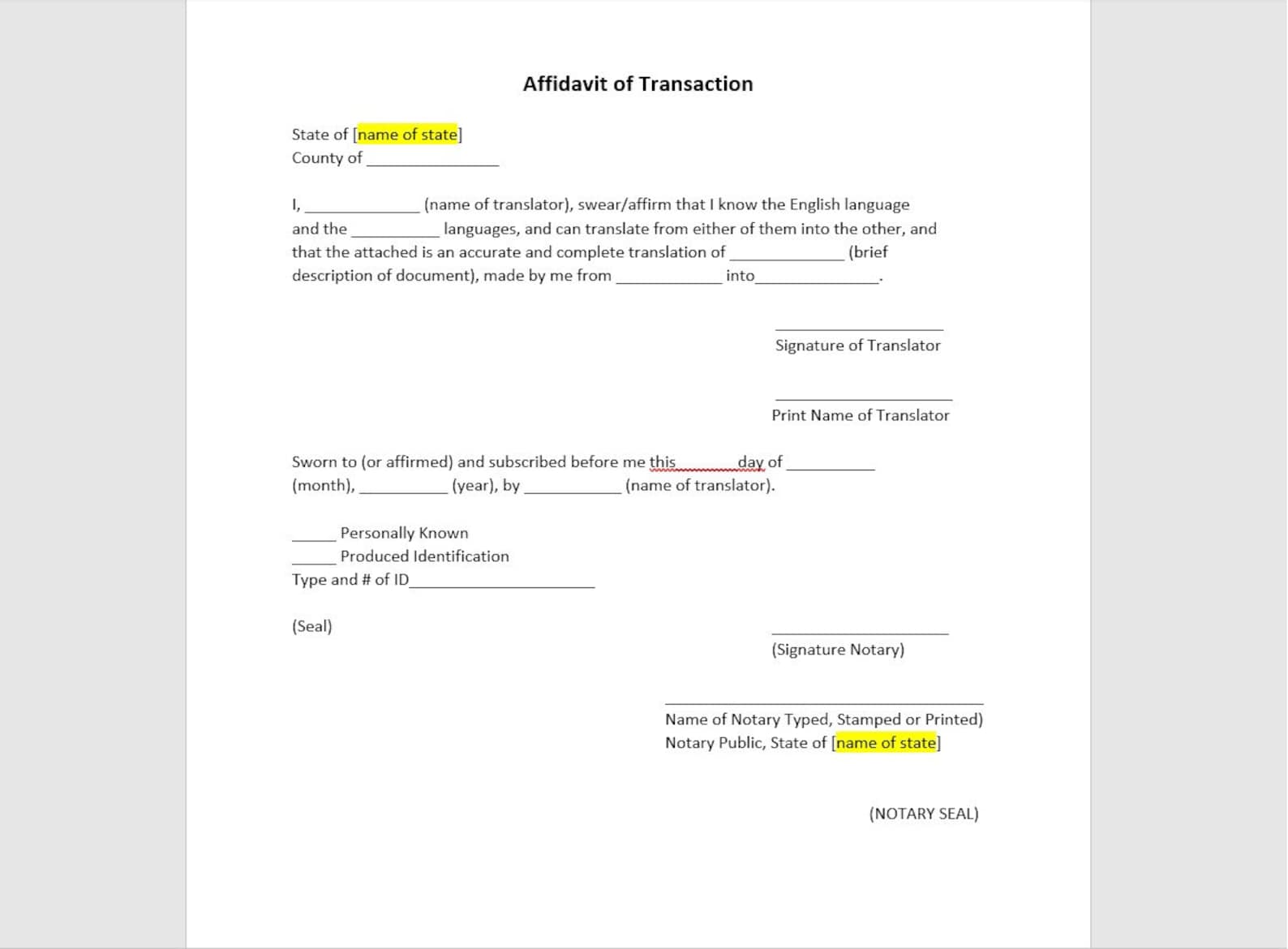 Affidavit of Transaction Notary Acknowledgement Form, Notary ...