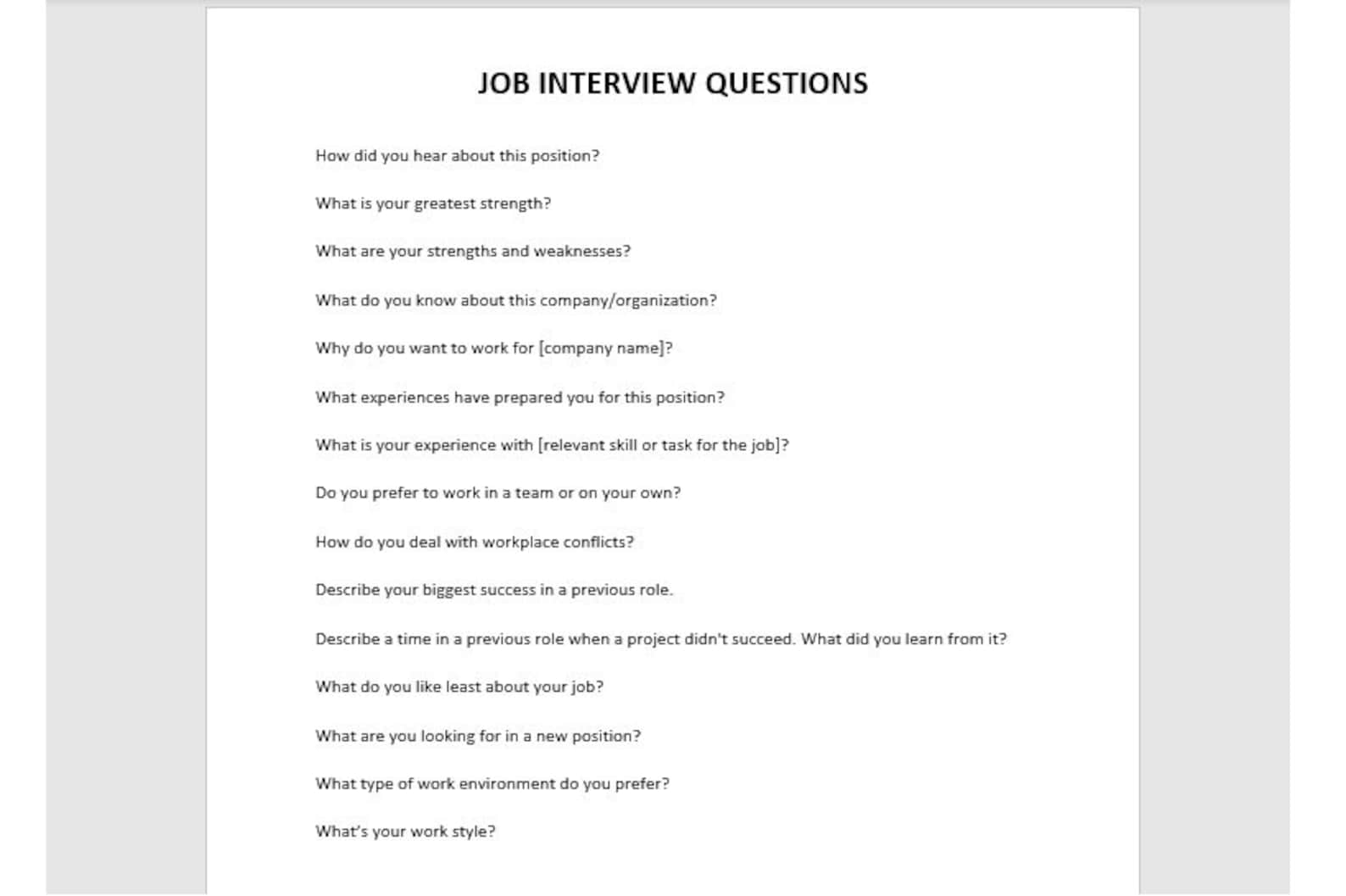 Job Interview Questions Template, Job Interview Questions, Interview ...