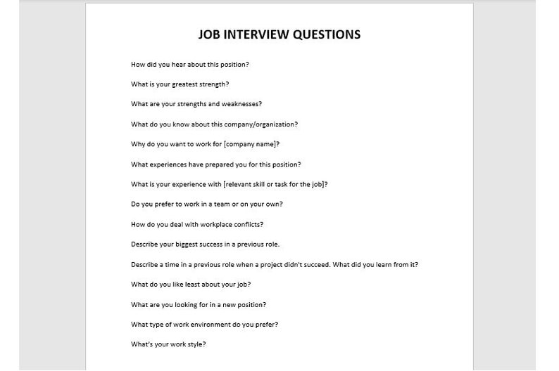Job Interview Questions Template, Job Interview Questions, Interview ...