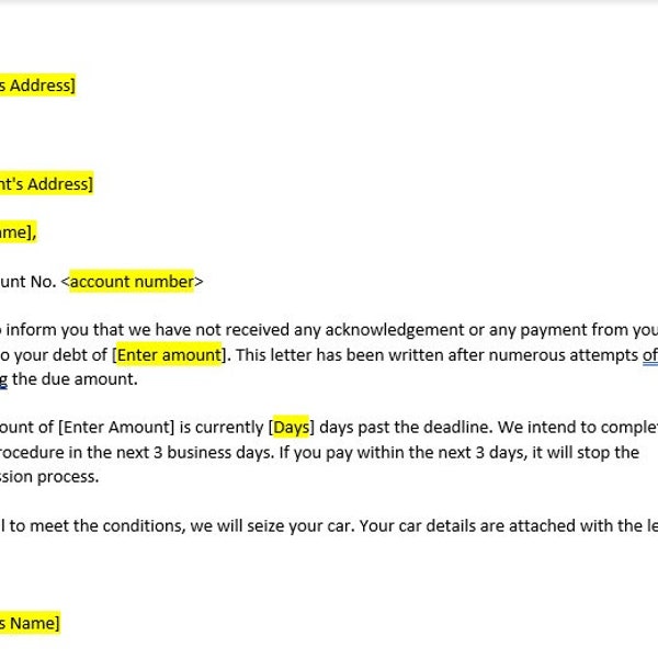 Repossession Letter - Etsy