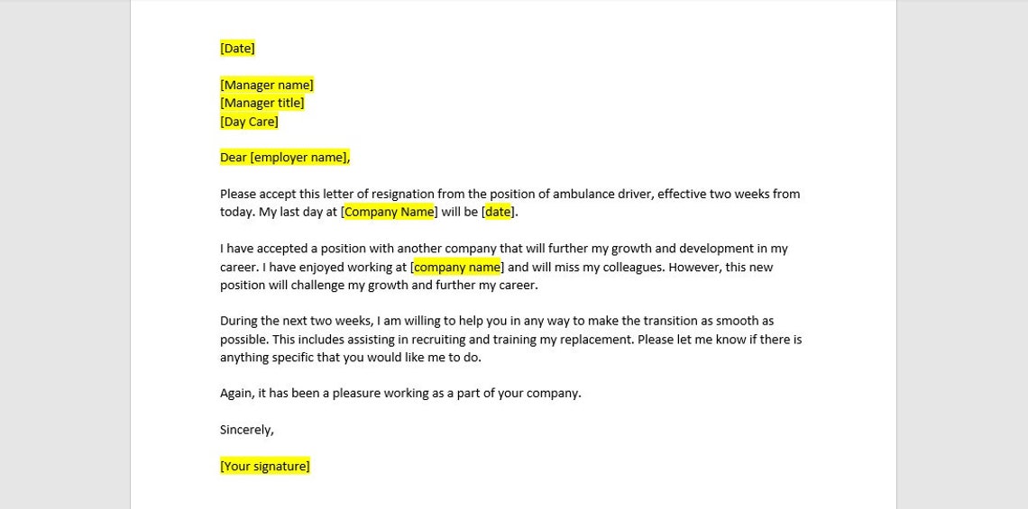 Ambulance Driver Resignation Letter Template, Resignation Letter ...