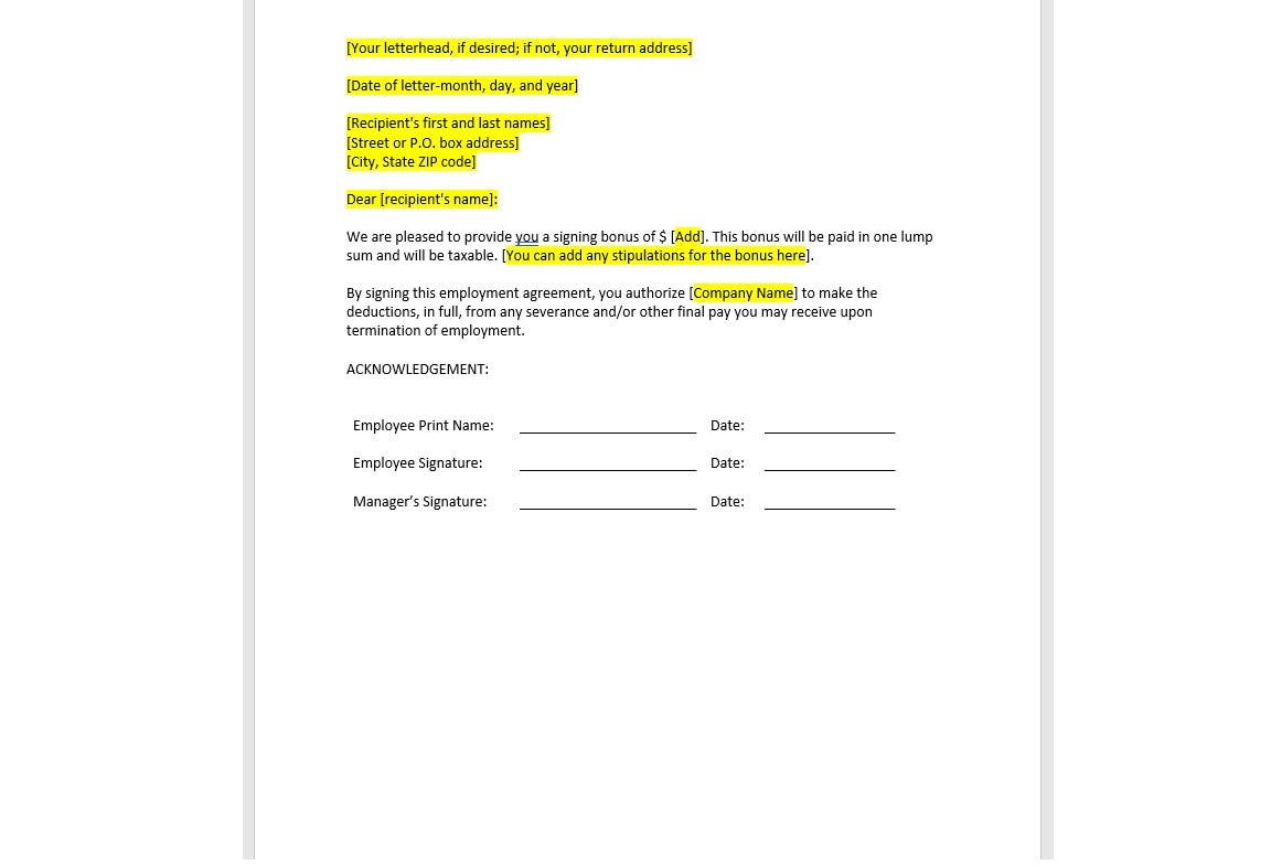 Employee Sign on Bonus Letter Template, Employee Sign on Bonus Letter ...