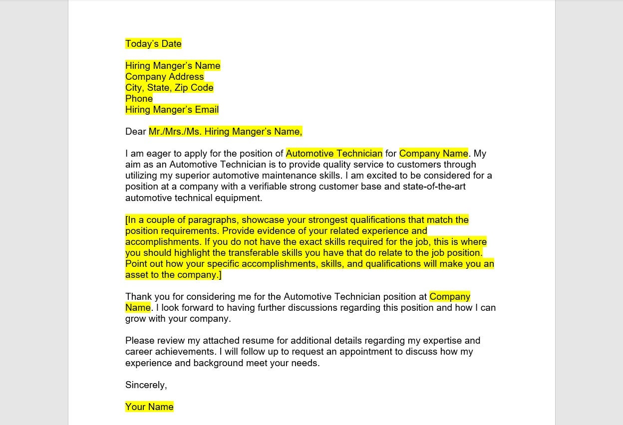 Automotive Technician Cover Letter, Cover Letter Template, Editable ...