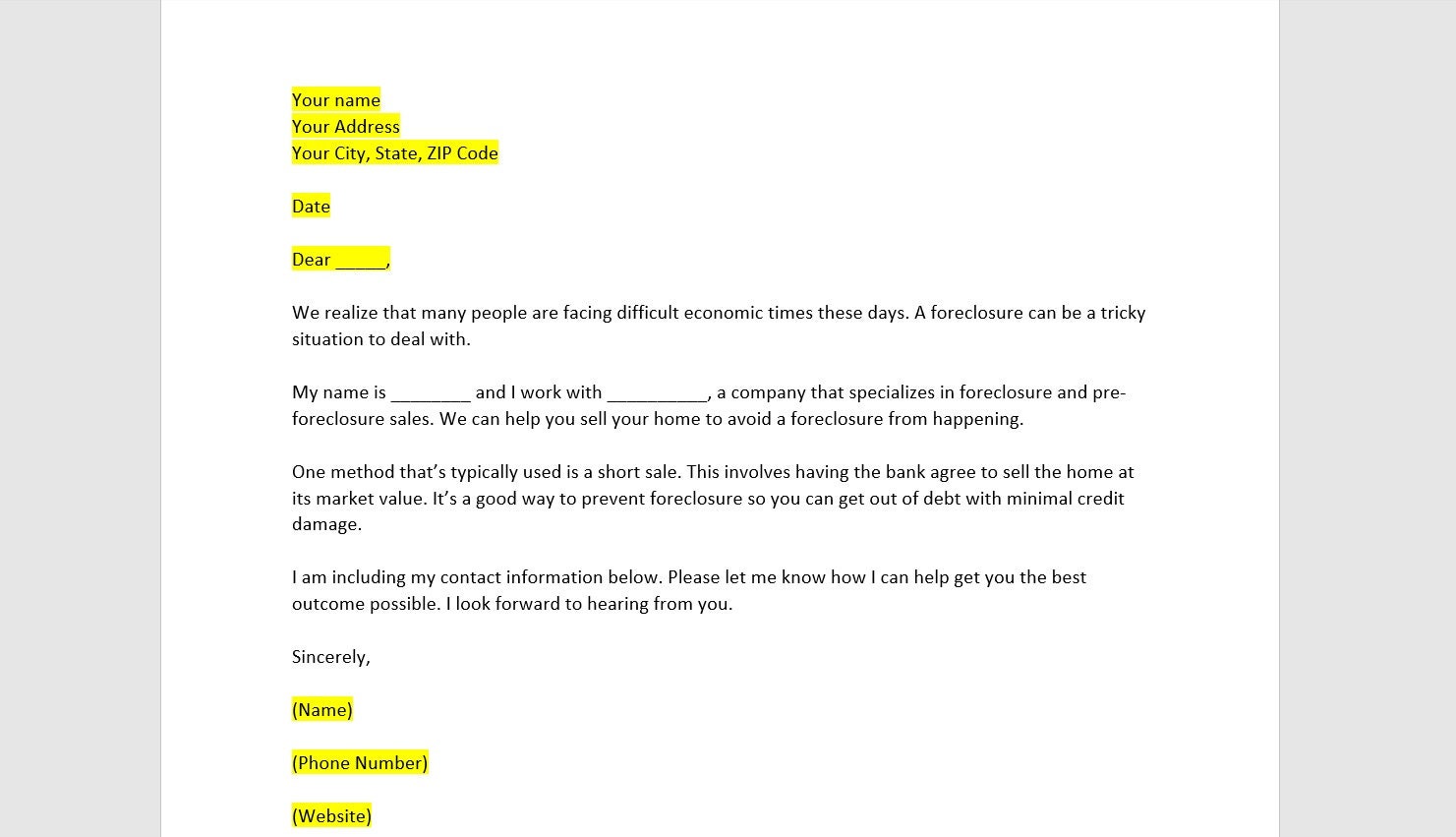 Pre Foreclosure Prospecting Real Estate Prospecting Letter Template