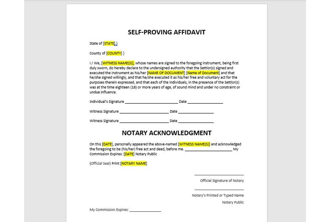 Self Proving Affidavit Form, General Affidavit Form Template, Editable ...