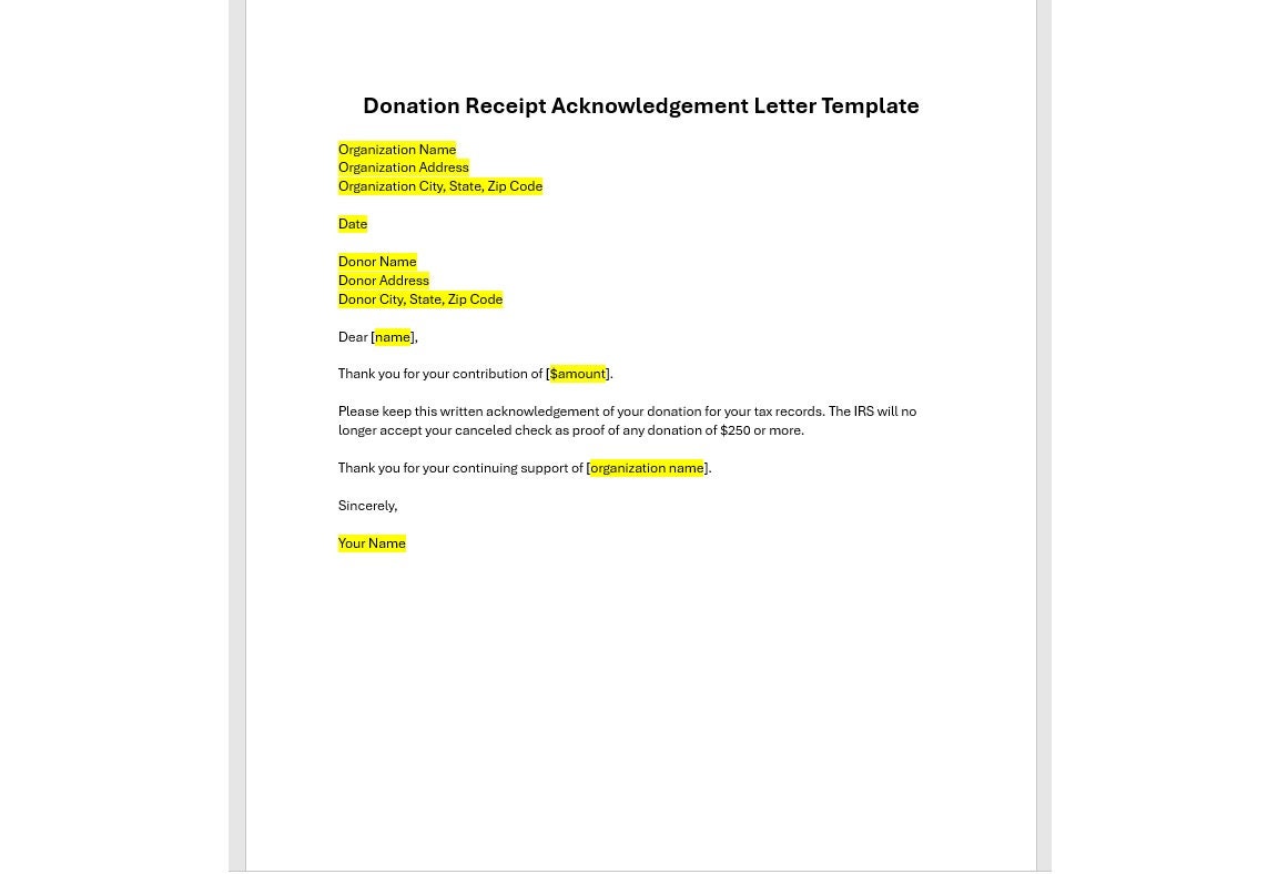 Editable Donation Receipt Acknowledgement Letter Template, Donor ...