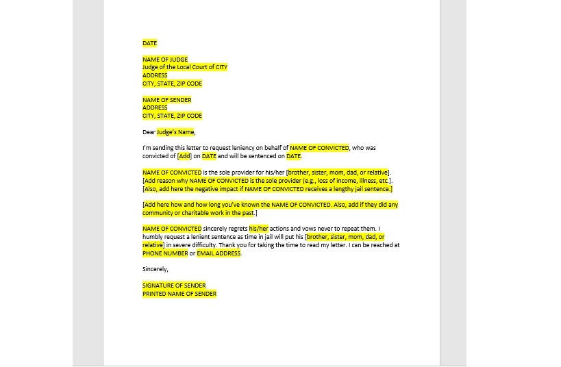 Editable Letter Of Leniency To Judge Template Letter Of Leniency
