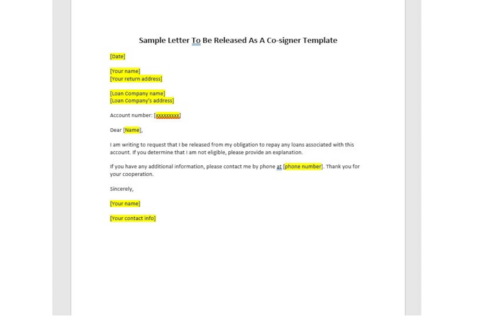 Co-signer Release, Co-signer Release Letter Template, Co-signer Release ...