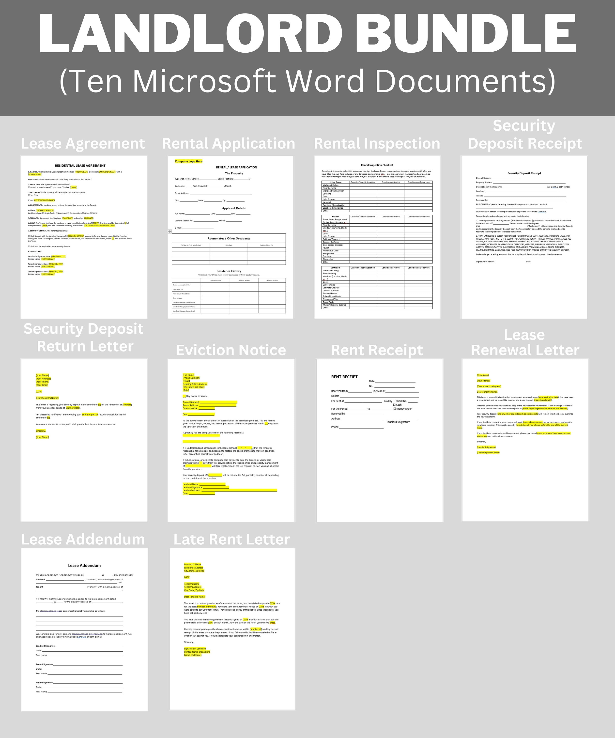 Set of 10 Landlord Template Bundle, Landlord Lease Forms Bundle ...