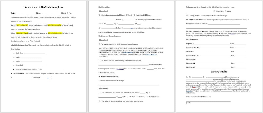 Editable Transit Van Bill of Sale, Motor Transit Van Bill of Sale ...