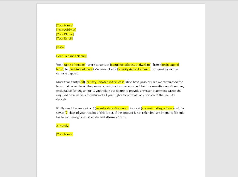 Seven Day Demand Letter Template, Security Deposit Return Letter ...