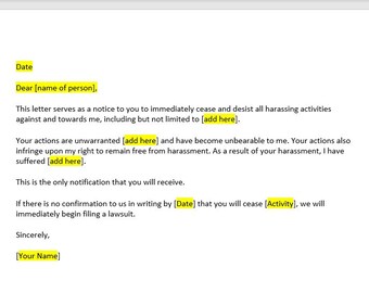 Harassment Cease and Desist Letter Template, Cease and Desist Letter ...