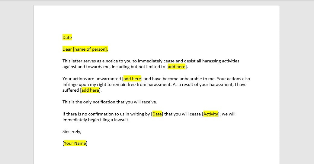 Harassment Cease and Desist, Harassment Cease and Desist Letter ...