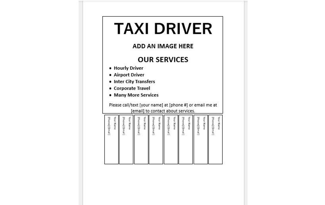Editable Taxi Driver Services Tear-off Flyer, Taxi Driver Services Ad ...