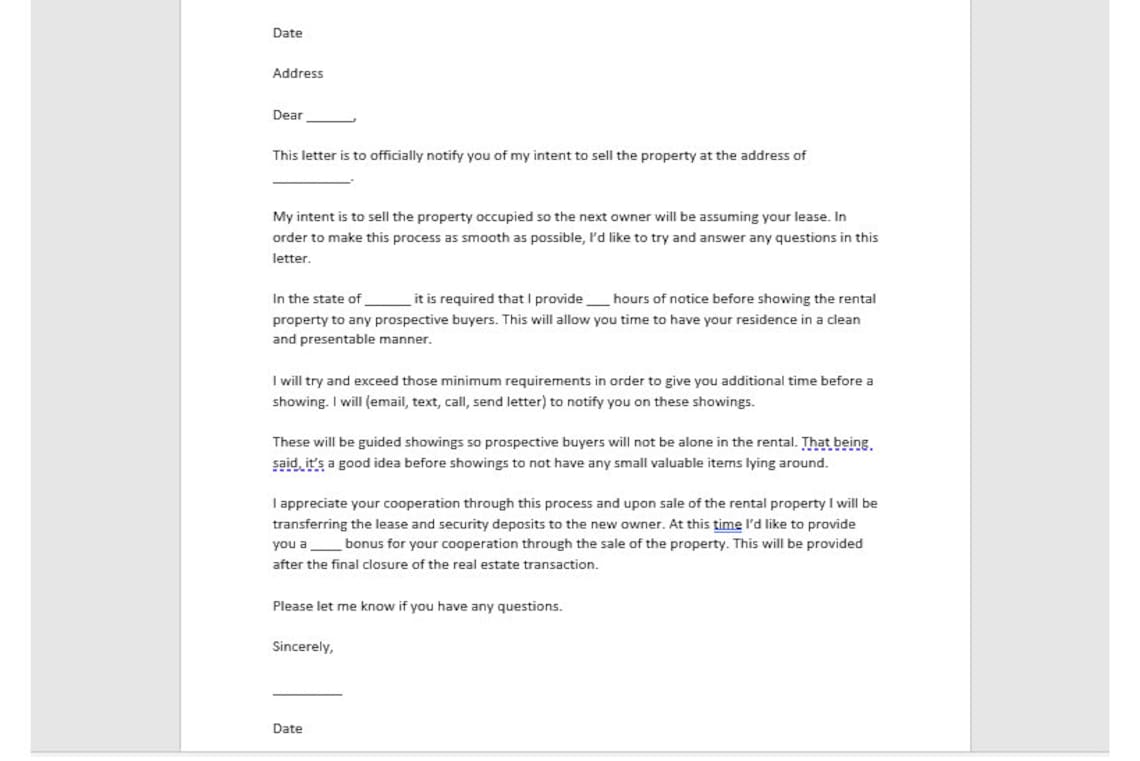 Notify Tenant of Sale of Property Letter Template, Sale of Property ...