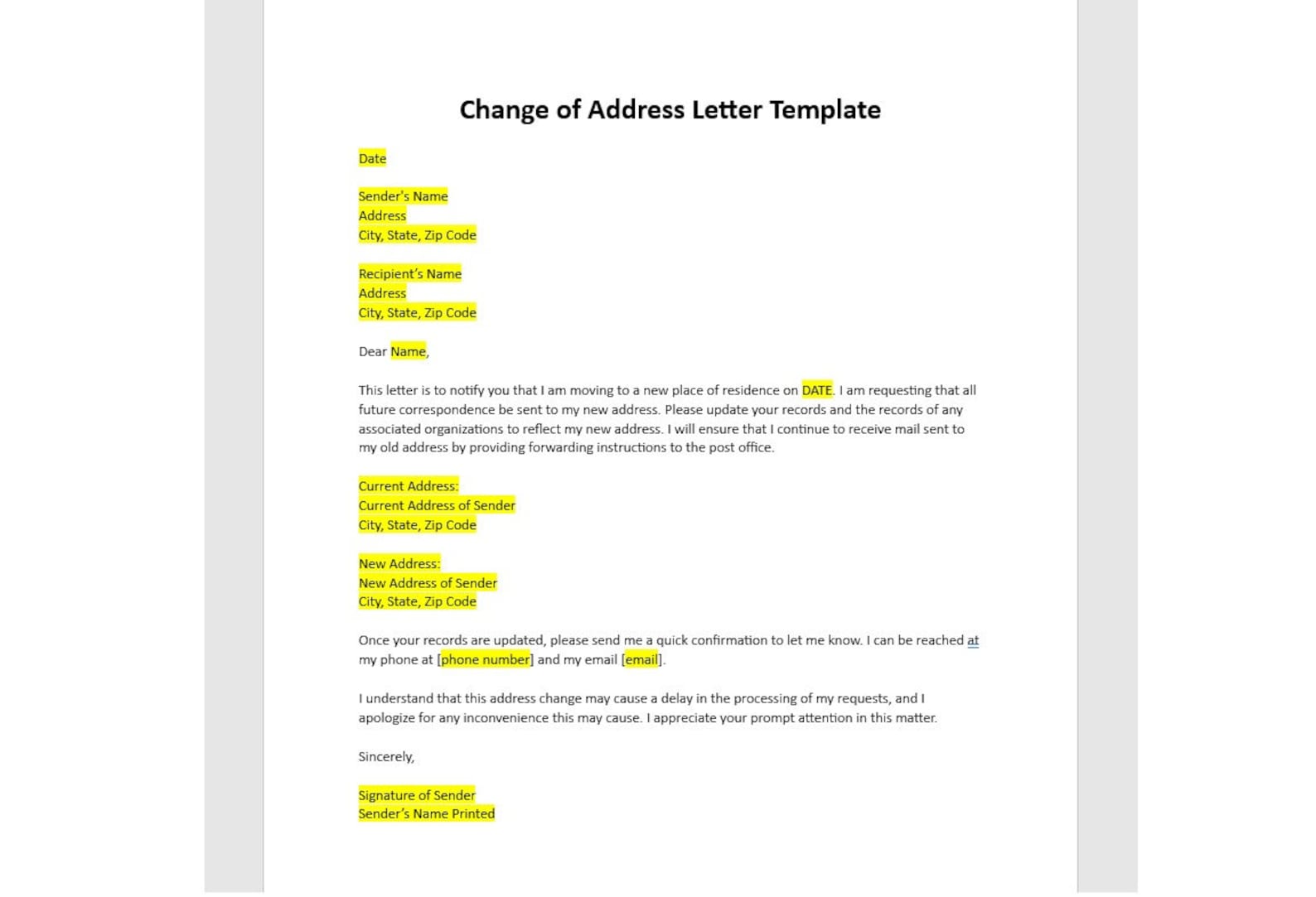 Editable Change of Address Letter Template, Change of Address Letter ...