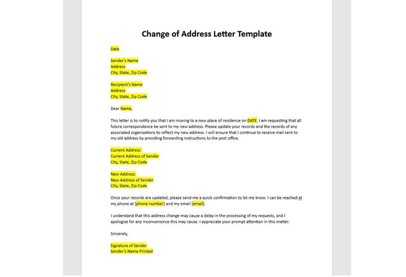 Editable Change of Address Letter Template, Change of Address Letter ...