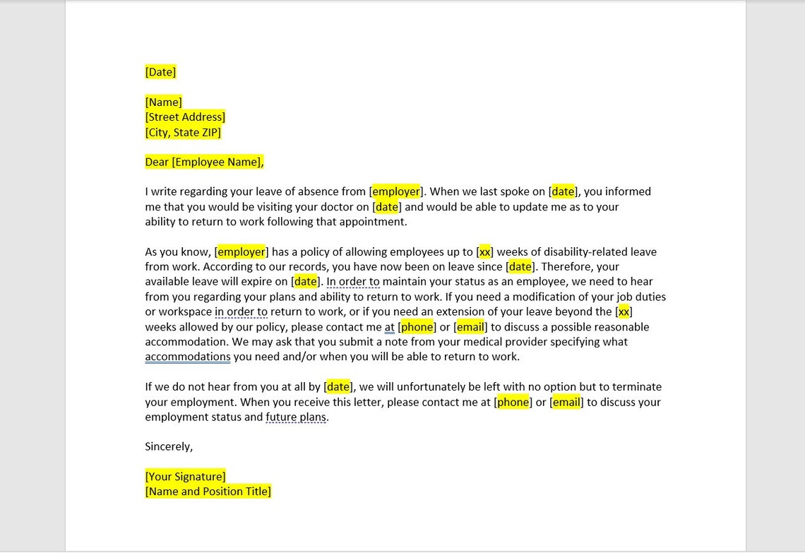 Letter to Employee on Leave, Letter to Employee on Leave Template ...